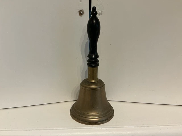 VINTAGE BRASS TURNED Wood Hand Held Bell Heavy School Teacher Height 11 ...