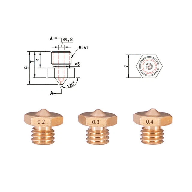 FDM 3D PRINTER Nozzle Copper Extruder M5 Dia 0.2 0.3 0.4mm For 1.75mm ...