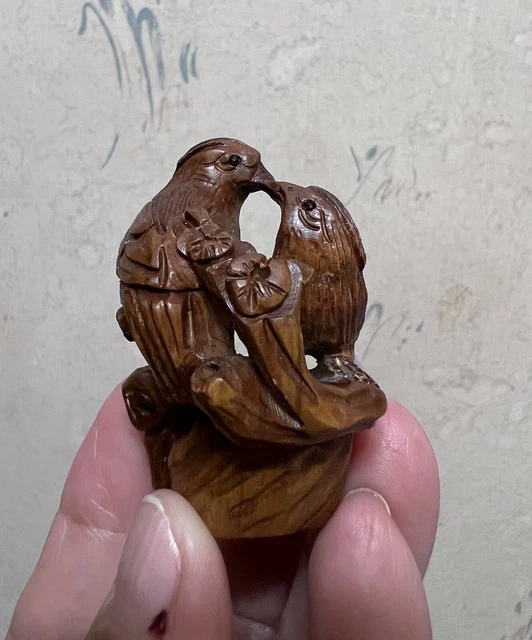 BOXWOOD JAPANESE NETSUKE BIRDS Carved Wooden Sculpture Miniature Art ...