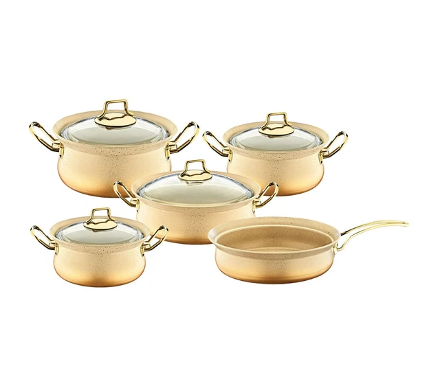 OMS COOKWARE IVORY White 9 Piece Non Stick Set Glass Lids Casserole Pan ...
