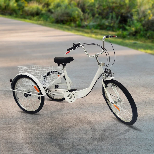 USED!24& ADULT TRICYCLE 6 Speeds White 3 Wheel Bicycle Trike W/ Basket ...