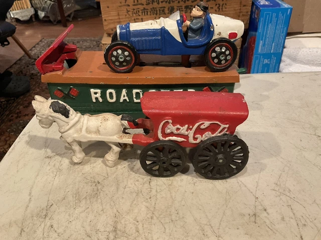VINTAGE CAST IRON Coca-Cola Coke Horse Drawn Delivery Covered Wagon ...