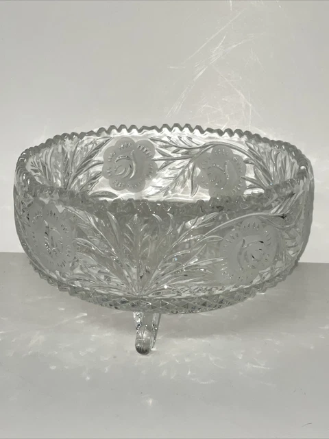 VINTAGE 1920'S EAPG Glass Footed Bowl w/ Etched Roses Hand Cut Sawtooth Edge £8.13 - PicClick UK