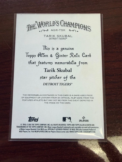 2025 TOPPS ALLEN & Ginter #AGR-TSK Tarik Skubal Relic Game Used Detroit ...