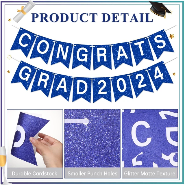 GLITTER CONGRATS GRAD 2024 Banner Blue Graduation Party Decorations ...