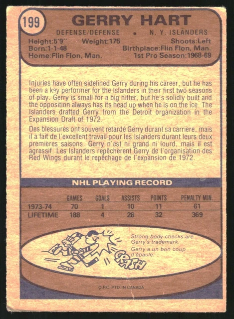 CARTE DE HOCKEY 1974-75 O-Pee-Chee Islanders #199 Gerry Hart - BONNE ...