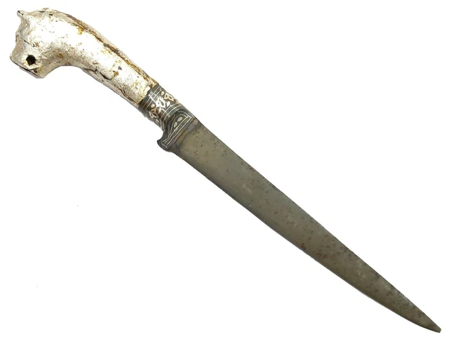 ANTIQUE DAGGER KNIFE Sakela Damascus Steel Blade Silver Foil Tiger Wood ...