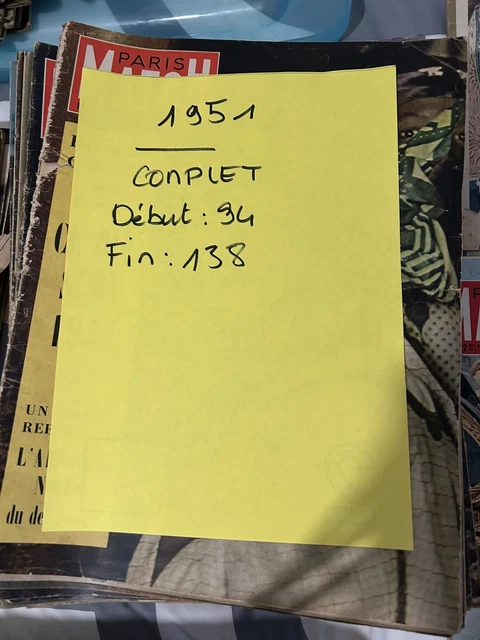 PARIS MATCH 1951 Année complète du n°94 au n°138 – 45 numéros originaux ...