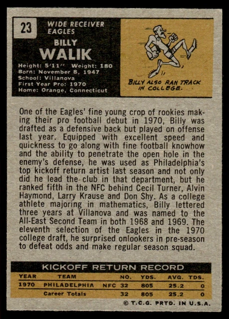 1971 TOPPS EX A3 Billy Walik recrue Philadelphia Eagles #23 EUR 2,21 ...