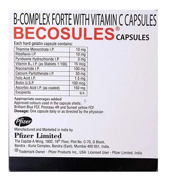 PFIZER INDIA BECOSULES Capsule (60 Capsules) Multivitamin, Vitamin C ...