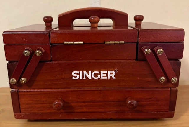 VINTAGE SINGER ACCORDION Wooden Sewing Box w/ Fold Out Compartments ...