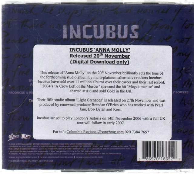 INCUBUS (ROCK GROUP) Anna-Molly CD Europe Epic 2006 promo CD with info ...