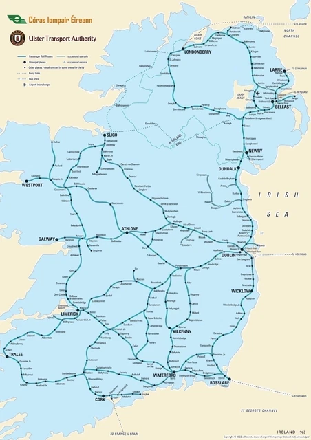 IRELAND TRAIN MAP (RAIL PASSENGER NETWORK) CIE/UTA* 1963 Size A2 ...