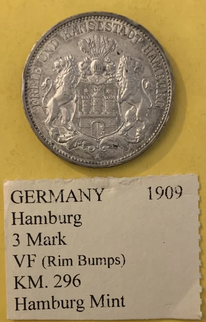 1909 GERMAN STATES (Hamburg) 3 Mark Coin (J) .900 Silver (rim bumps) £ ...