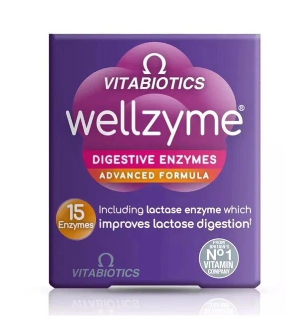 WELLZYME DIGESTIVE ADVANCED 15 Enzyme Formula Vitabiotics 60 Caps BBE ...