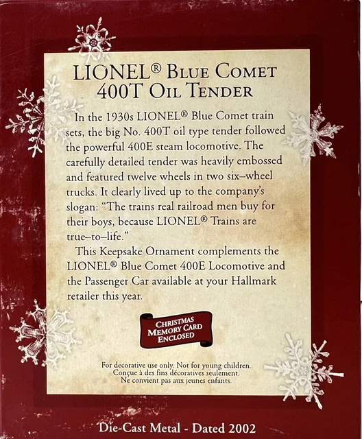 HALLMARK LIONEL BLUE COMET 400T Oil Tender Train Railroad Car 2002 ...