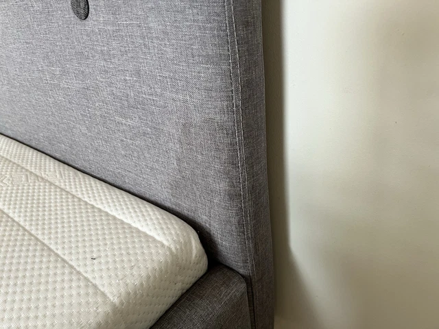 GREY UPHOLSTERED SLATTED bed frame with mattress and headboard. £26.70 ...