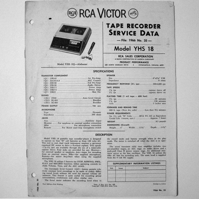 RCA VICTOR ® Model YHS 18 Portable Open Reel Tape Recorder Service ...
