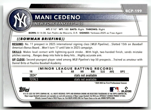 TOPPS BOWMAN CHROME MLB 2025 No. BCP-199 Mani Cedeno Mojo Refractor EUR ...