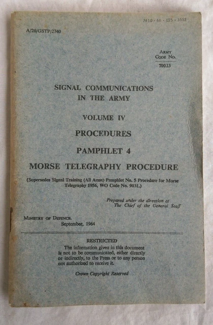 VIETNAM WAR ERA Australian Army Morse Telegraphy Procedure manual. 1964 ...