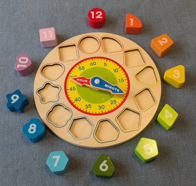 WOODEN SHAPE SORTING Clock Toy with Numbers & Shapes Teaching Time ...