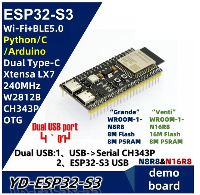 Esp32 S3 Devkitc 1 Dual Type C Usb Esp32 S3 Wroom 1 N8r8 Micropython Esp32s3 £1139 Picclick Uk