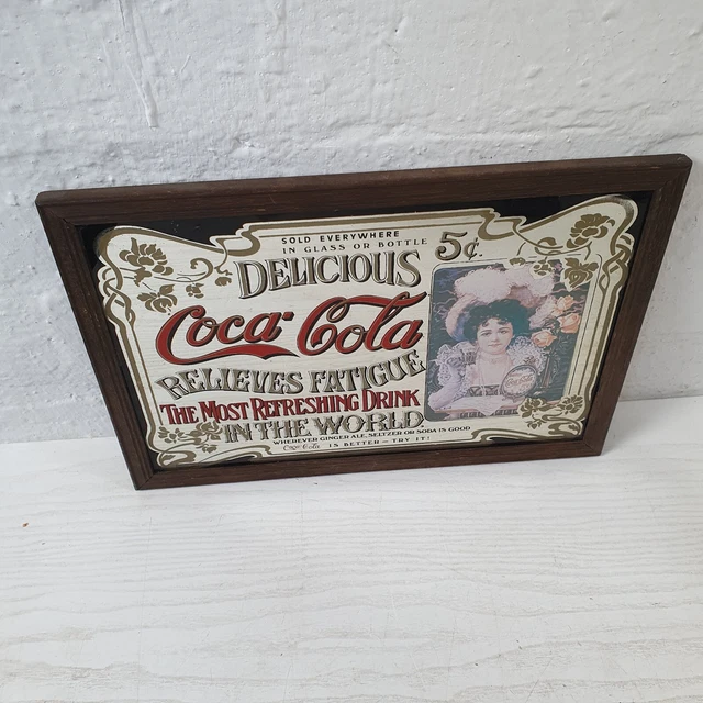 VINTAGE COCA COLA Pub Mirror Sign with Wooden Frame Bar Advert O23 £26. ...
