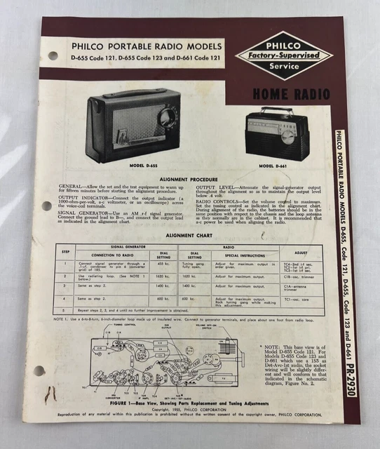 PHILCO PORTABLE RADIO Model D-655 D-661 Schematic’s & Parts List £6.75 ...