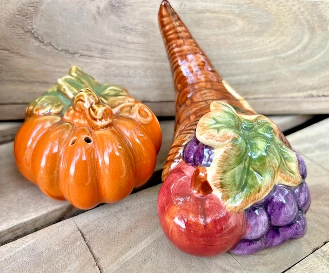 BICO ~ 🦃THANKSGIVING Cornucopia & Pumpkin Salt & Pepper Shaker 🍇~ Large ...