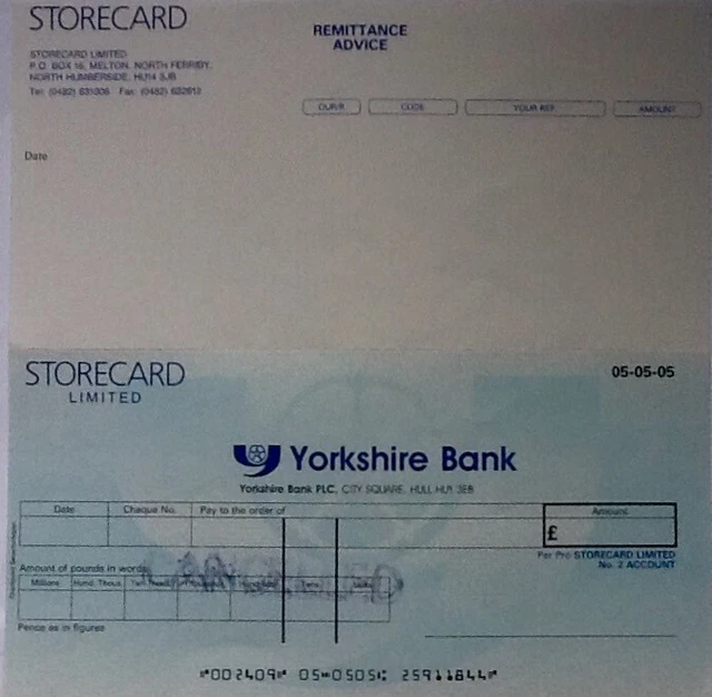 YORKSHIRE BANK CITY Square Cheque with advice for Storecard circa 1980s ...