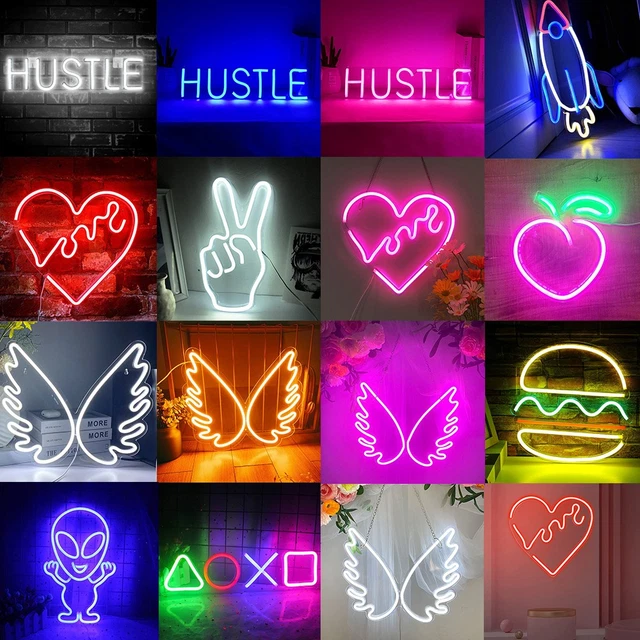 LARGE NEON SIGN Wings Heart LED Neon Lights Hanging Sign Bar Room Decor ...