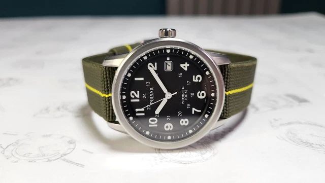 PULSAR BY SEIKO Kinetic Military Field Watch - New Capacitor & Sapphire ...