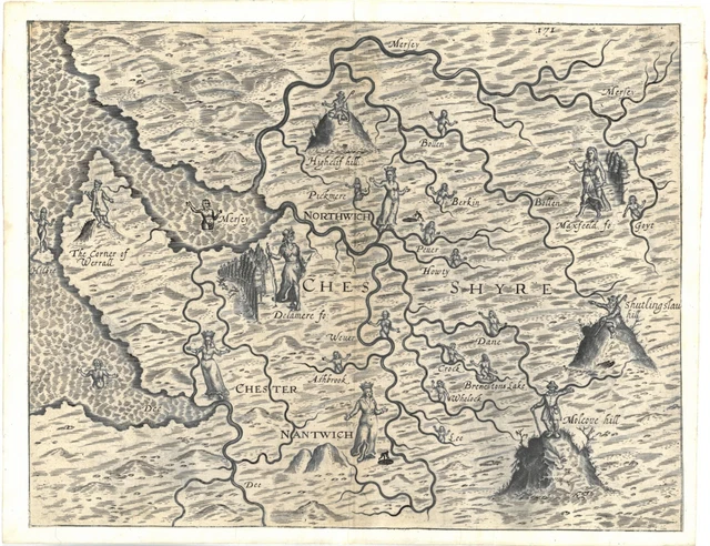 ORIGINAL MAP OF Cheshire from Drayton's fantastical 'Poly-Olbion' from ...