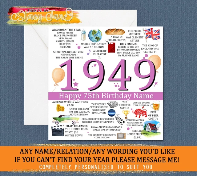 PERSONALISED 75TH BIRTHDAY Card Female 1949 Year Birth Nan Mum Wife ...