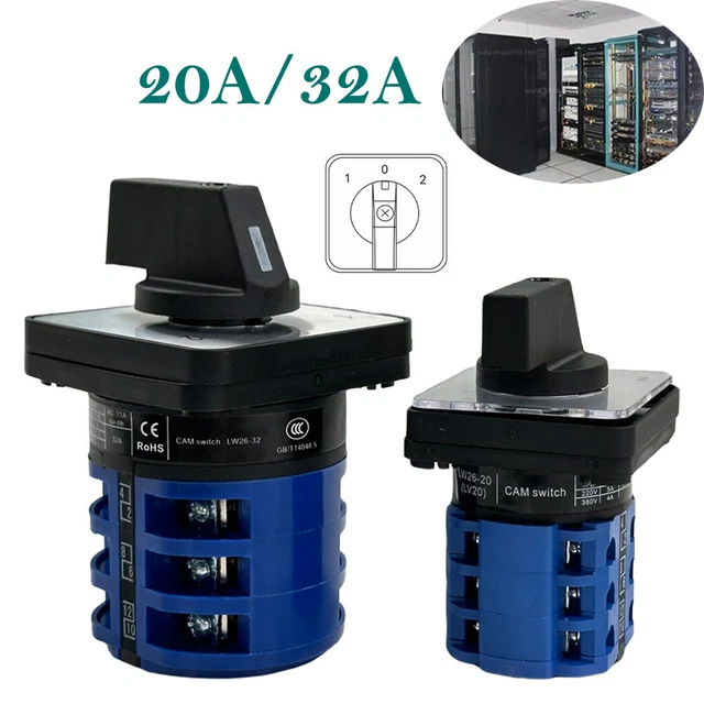 LW26-20A/32A 3 POSITIONS On-Off-On Changeover Selector Control Rotary ...