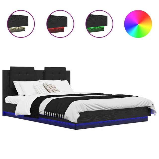 BED FRAME WITH Headboard with LED Strip Lights Engineered Wood Modern ...