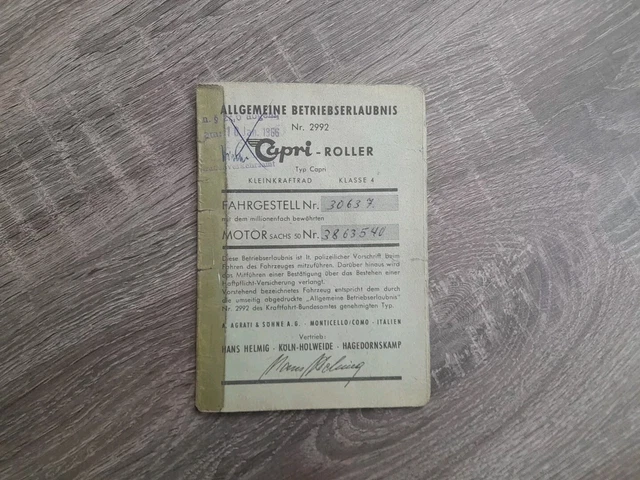 BETRIEBSERLAUBNIS CAPRI-ROLLER MIT Abmeldebescheinigung von 1967. EUR ...
