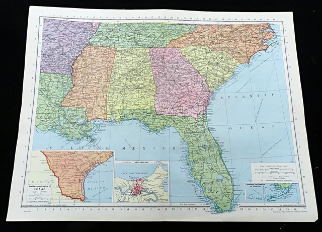 1945 WW2 MAP of The United States of America South East World War 2 ...