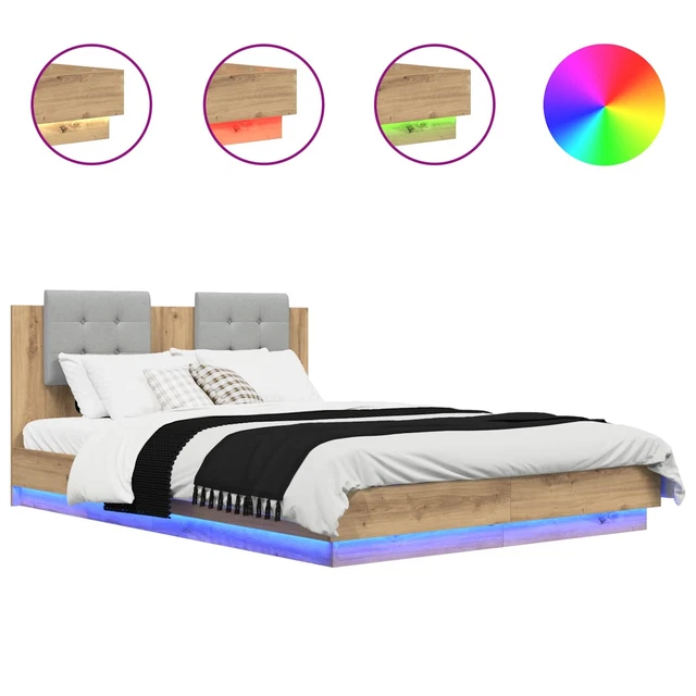 BED FRAME WITH Headboard with LED Strip Lights Engineered Wood Modern ...
