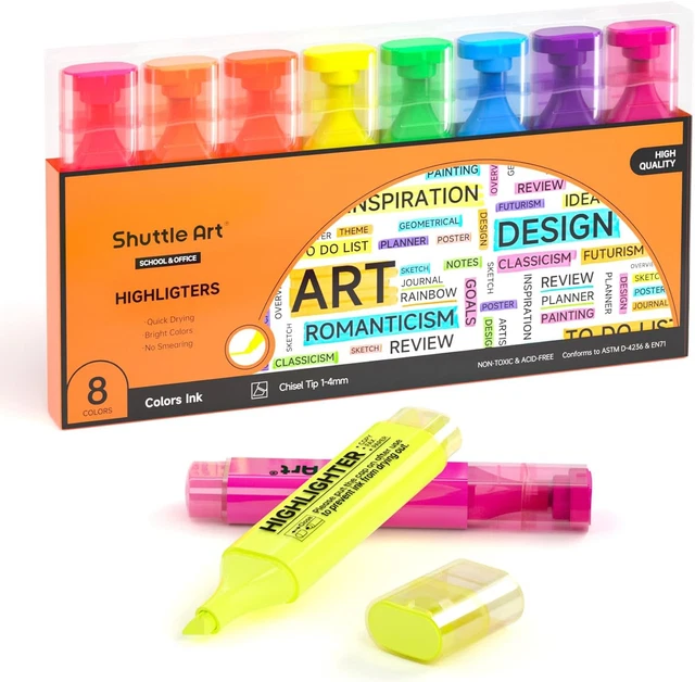 HIGHLIGHTERS, 8 Assorted Colours Highlighter Pens, Chisel Tip Dry ...