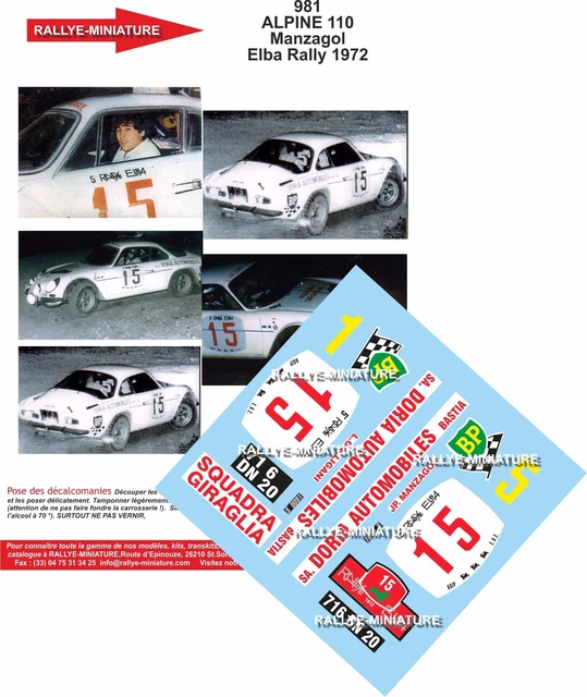 DECALS 1/43 REF 0981 Alpine Renault A110 Manzagol Rallye Elba Rally ...