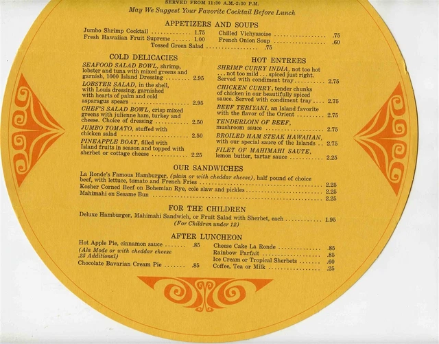MENU RESTAURANT REVOLVING La Ronde Honolulu Hawaii années 1970 EUR 84 ...