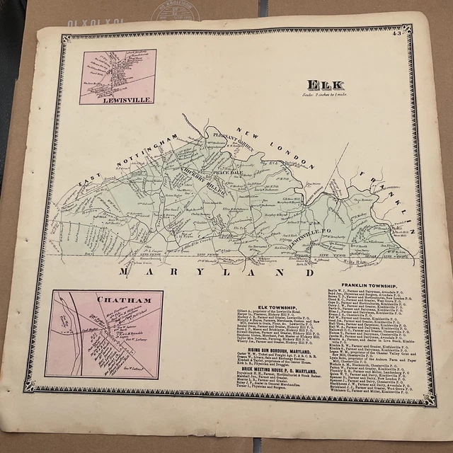 ORIGINAL 1873 ATLAS Map Elk Chatham Lewisville PA Chester County A R ...
