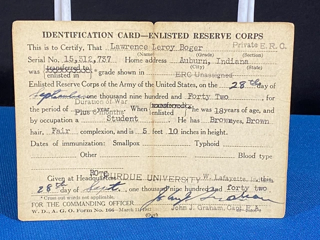 WWII 1942 IDENTIFICATION Card Enlisted US Army Reserve Corp Purdue ...