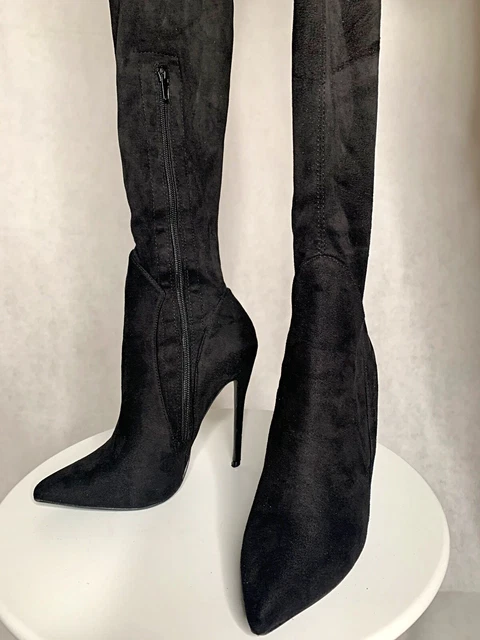 WOMEN'S BLACK FAUX Suede High Heeled Boots Size 4 - New pair, 1 defect ...