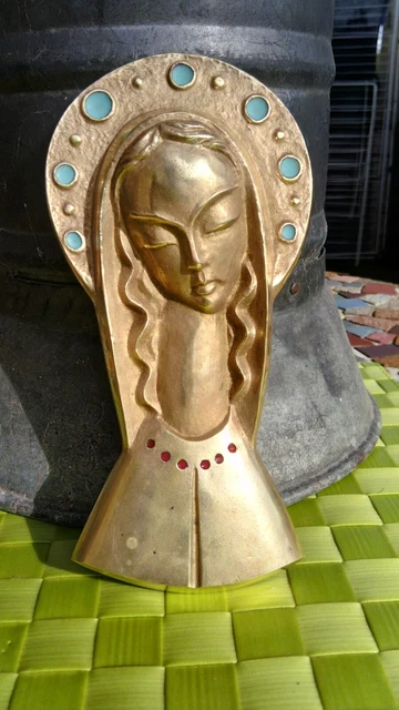 ANCIENNE STATUE DE vierge en bronze signée E- PELLEGRIN cabochons en ...