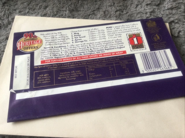 VINTAGE CADBURYS DAIRY Milk Chocolate Bar Wrapper 200g 1996 90th ...