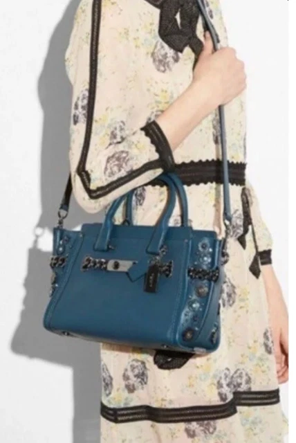 RARE COACH TEA Rose Rivet Swagger 27 Teal Blue Leather Gunmetal ...