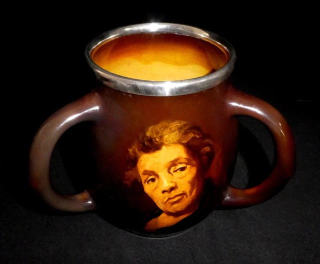ANTIQUE ROOKWOOD 3-HANDLE PORTRAIT CUP w/STERLING RIM Signed Mathew A ...