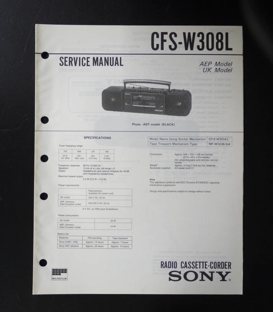 ORIGINAL SONY CFS-W308L Radio Cassette Corder Service Manual / Anleitung S15 EUR 17,50 - PicClick DE